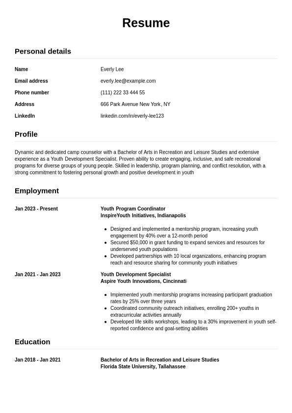 Camp Counselor Resume Example | Jobseeker