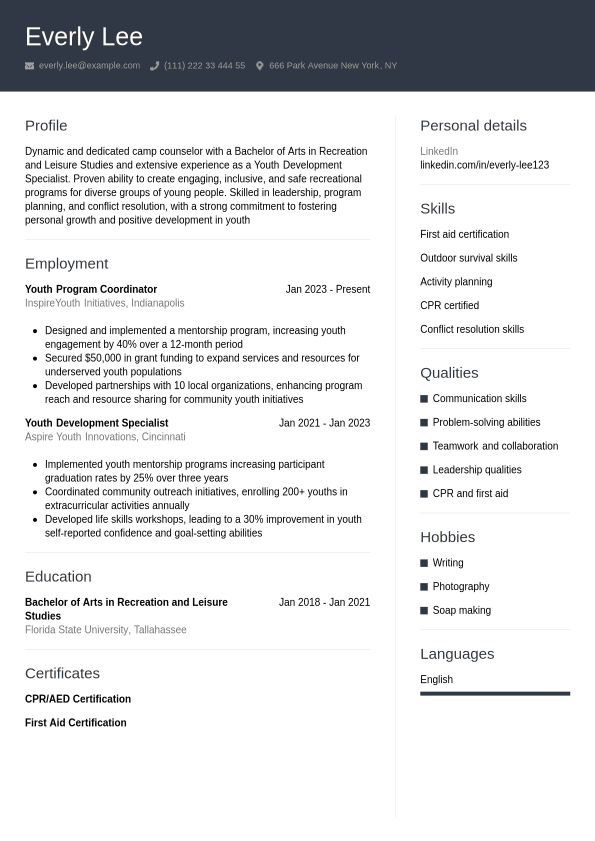 Camp Counselor Resume Example | Jobseeker