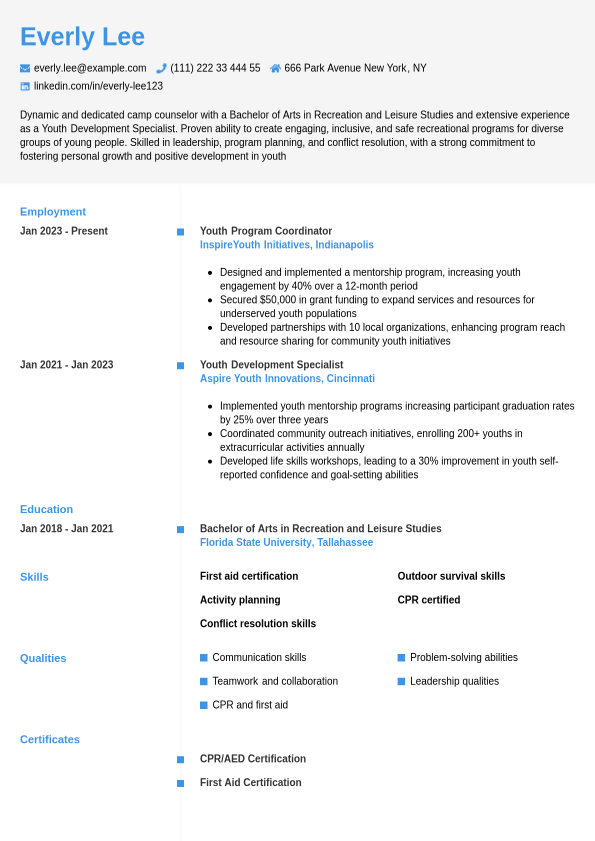 Camp Counselor Resume Example | Jobseeker