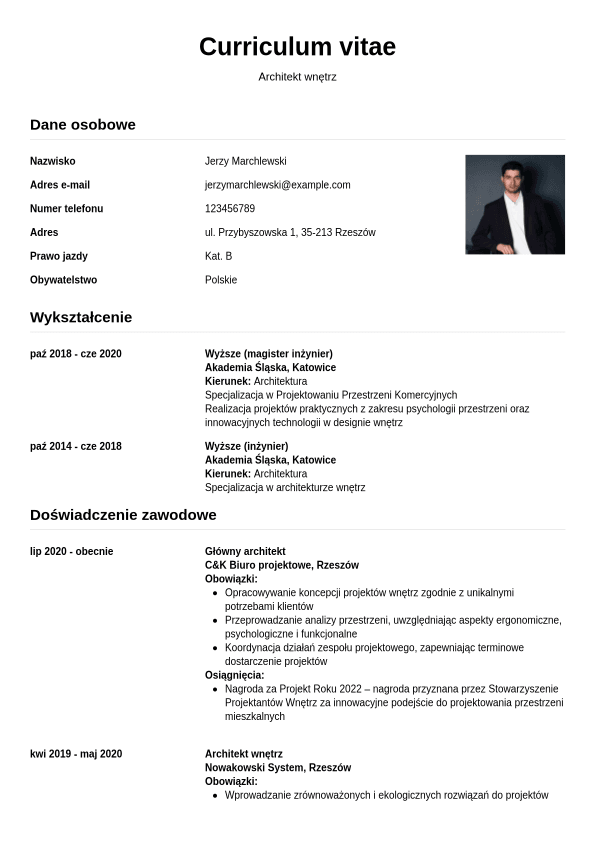 Profesjonalne CV dla architekta – przykład | Jobseeker