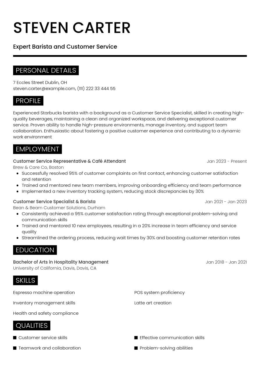 Starbucks Resume Example | Jobseeker