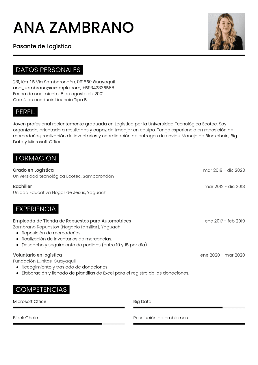 Ejemplo de currículum para pasantías | Jobseeker