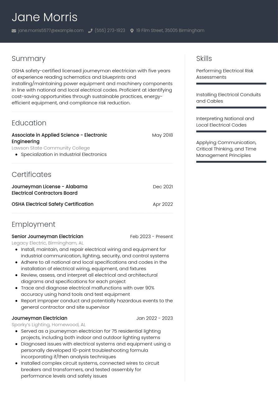 Electrician resume example | Jobseeker