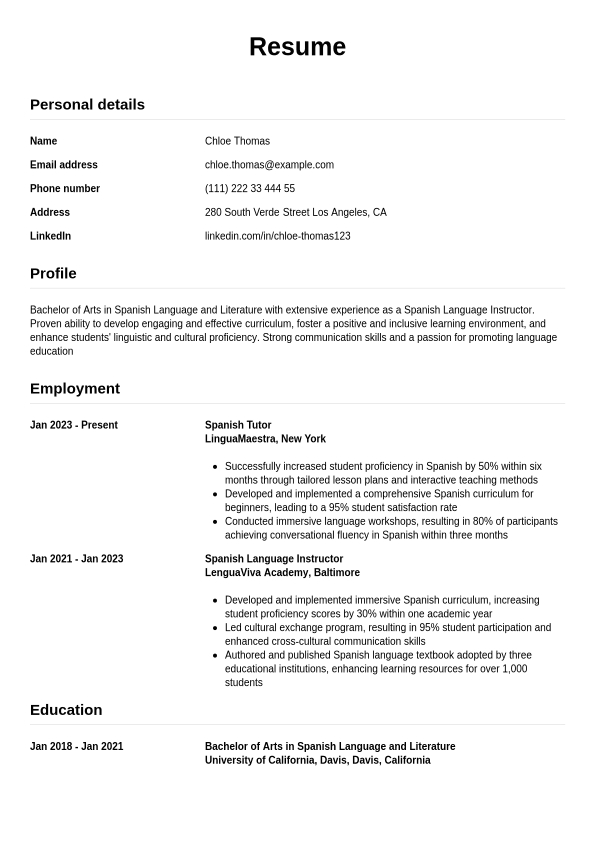 Spanish Teacher Resume Example | Jobseeker