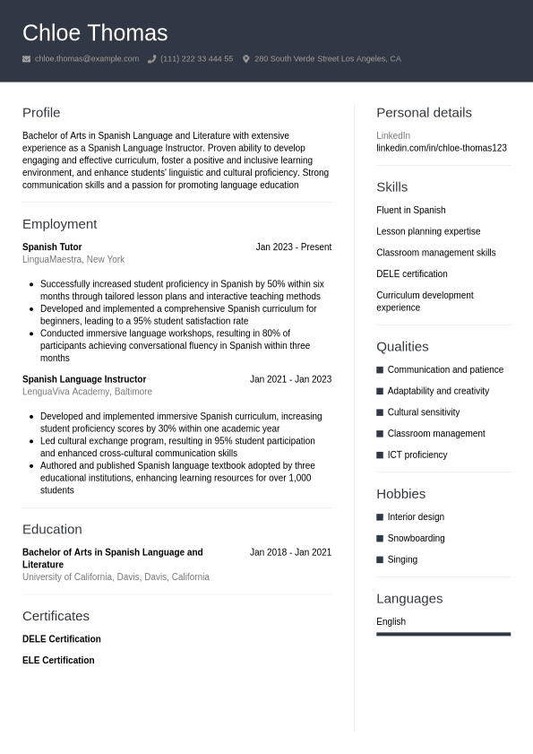 Spanish Teacher Resume Example | Jobseeker