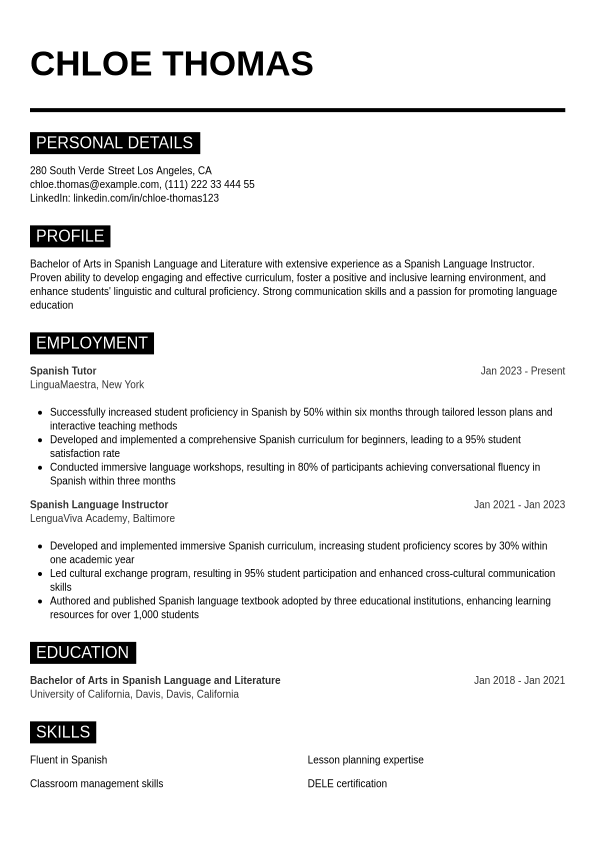 Spanish Teacher Resume Example | Jobseeker