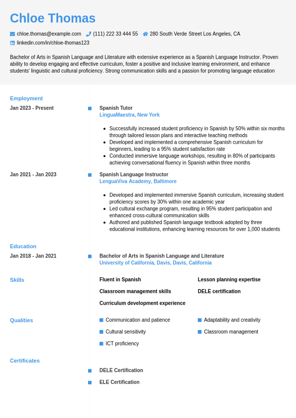 Spanish Teacher Resume Example | Jobseeker