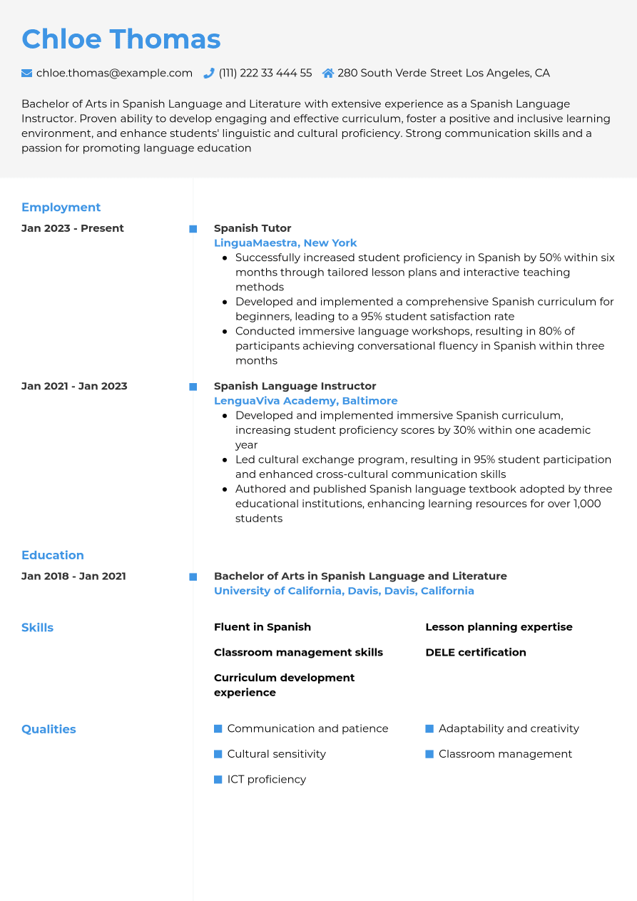 Spanish Teacher Resume Example | Jobseeker