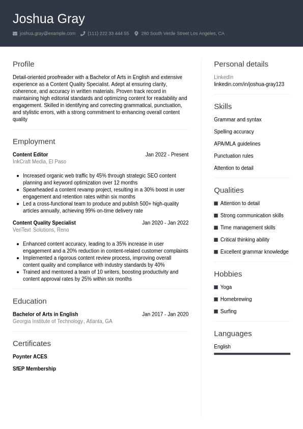 Proofreader Resume Example | Jobseeker