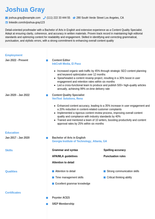 Proofreader Resume Example | Jobseeker