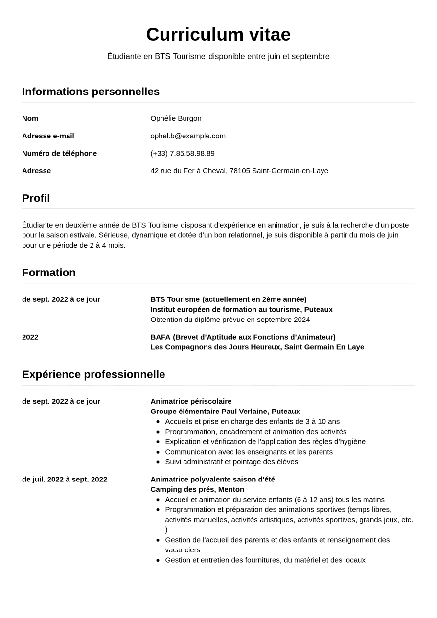 Exemple de CV étudiant(e) | Jobseeker