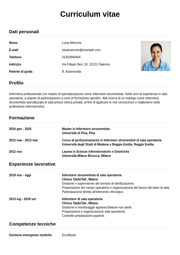 Esempio di CV per Infermiere | Jobseeker