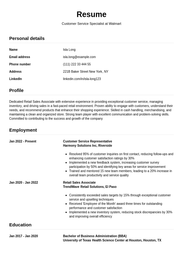Walmart Resume Example | Jobseeker