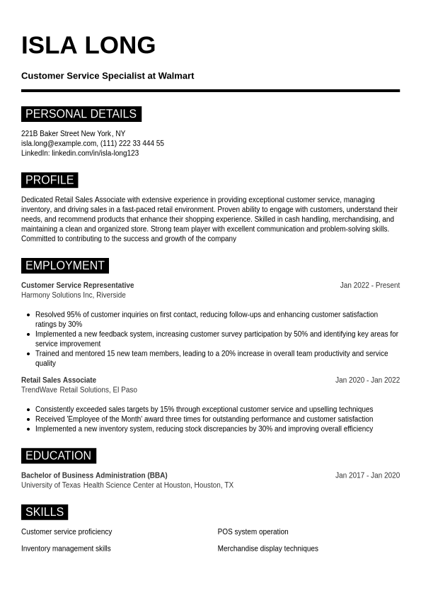 Walmart Resume Example | Jobseeker