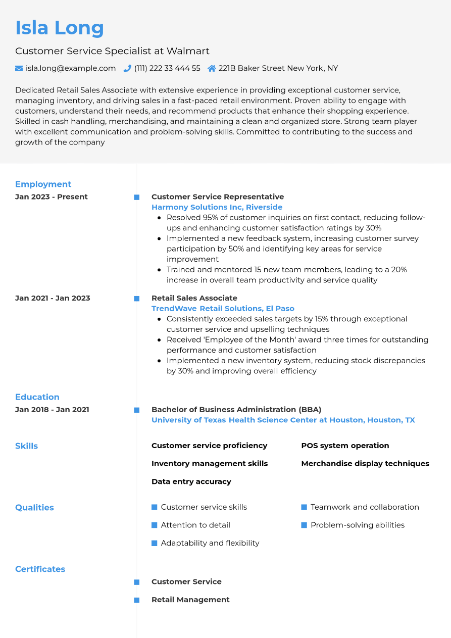 Walmart Resume Example | Jobseeker
