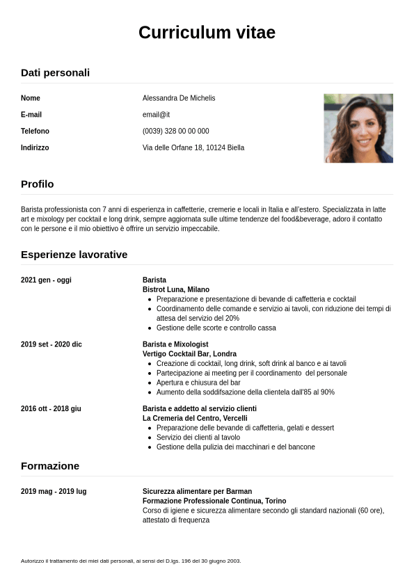 Esempio di curriculum vitae per barista | Jobseeker