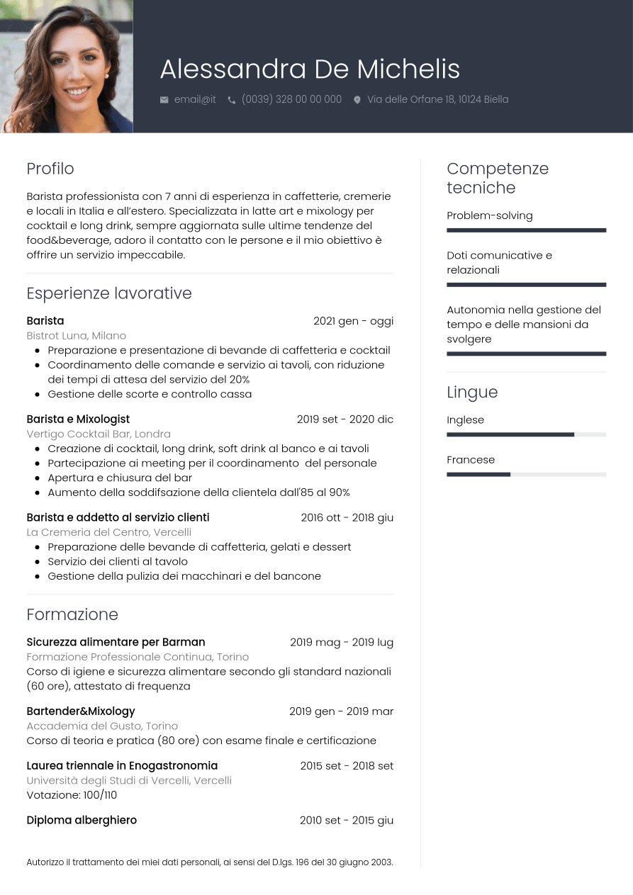 Esempio di curriculum vitae per barista | Jobseeker