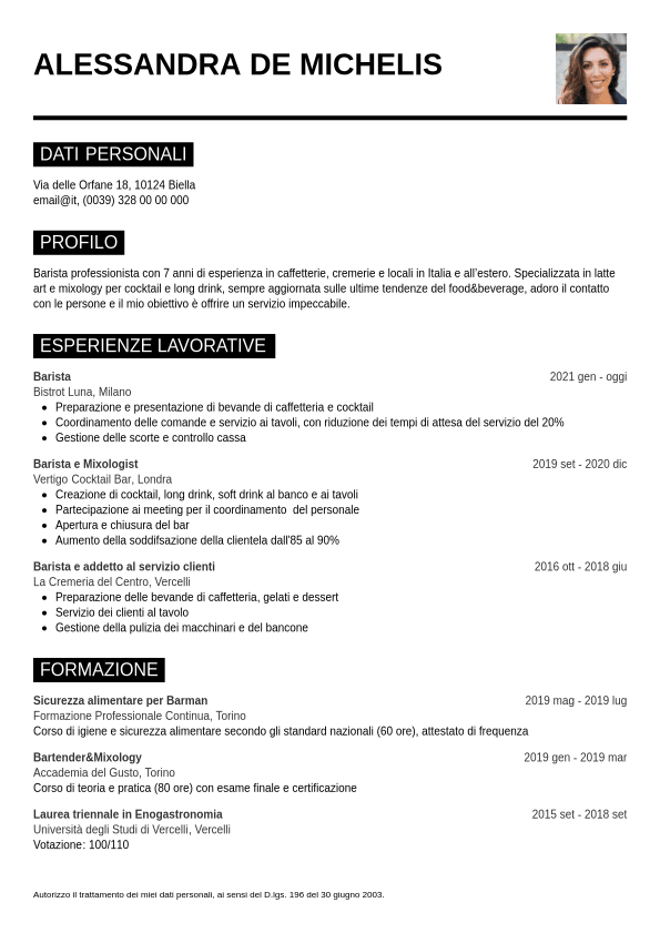 Esempio di curriculum vitae per barista | Jobseeker