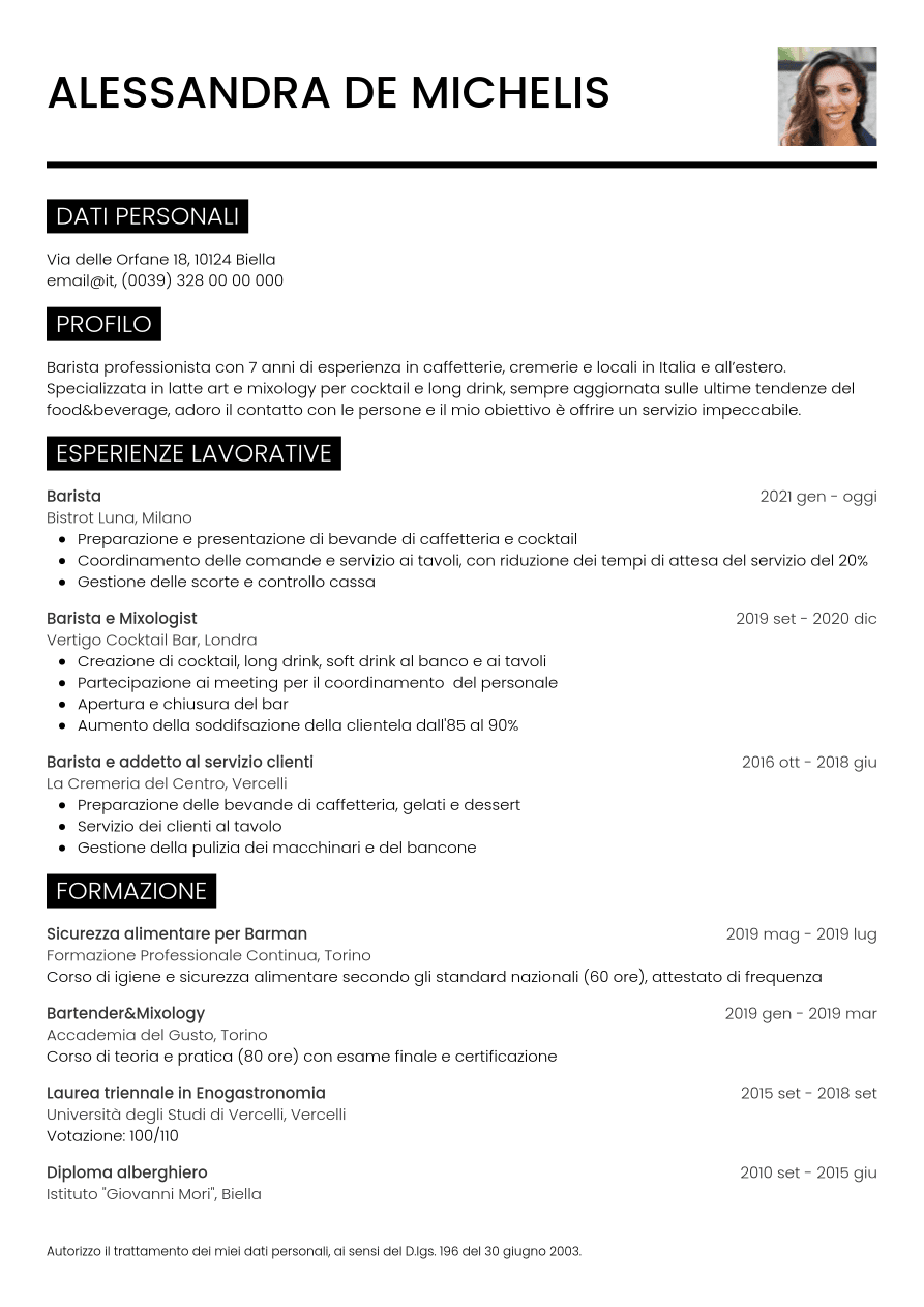 Esempio di curriculum vitae per barista | Jobseeker