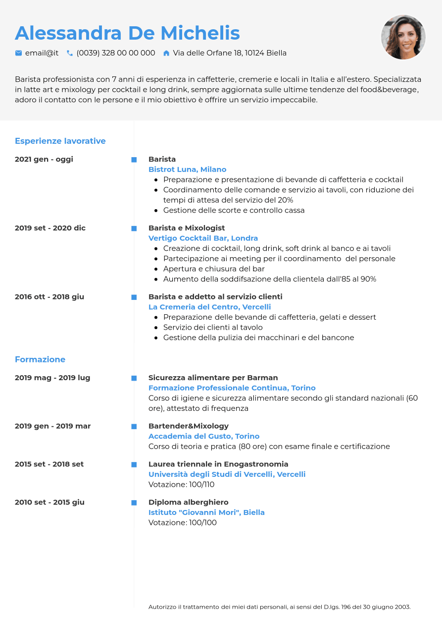 Esempio di curriculum vitae per barista | Jobseeker