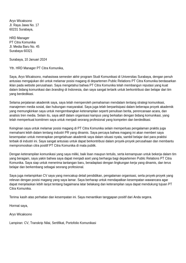 Contoh Surat Lamaran Magang | Jobseeker