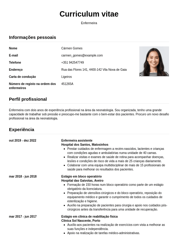 Exemplo de curriculum vitae para enfermeiro | Jobseeker