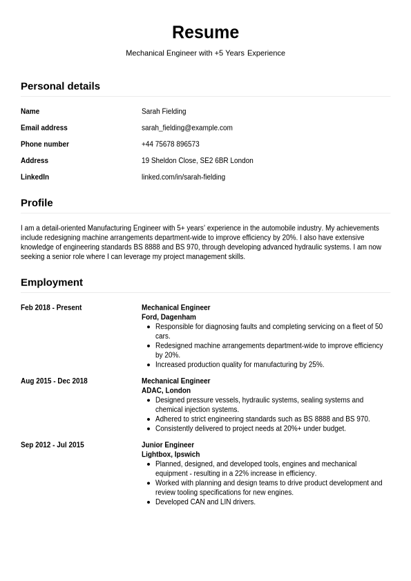 CV Example Engineering | Jobseeker