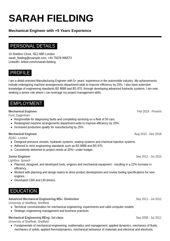 CV Example Engineering | Jobseeker