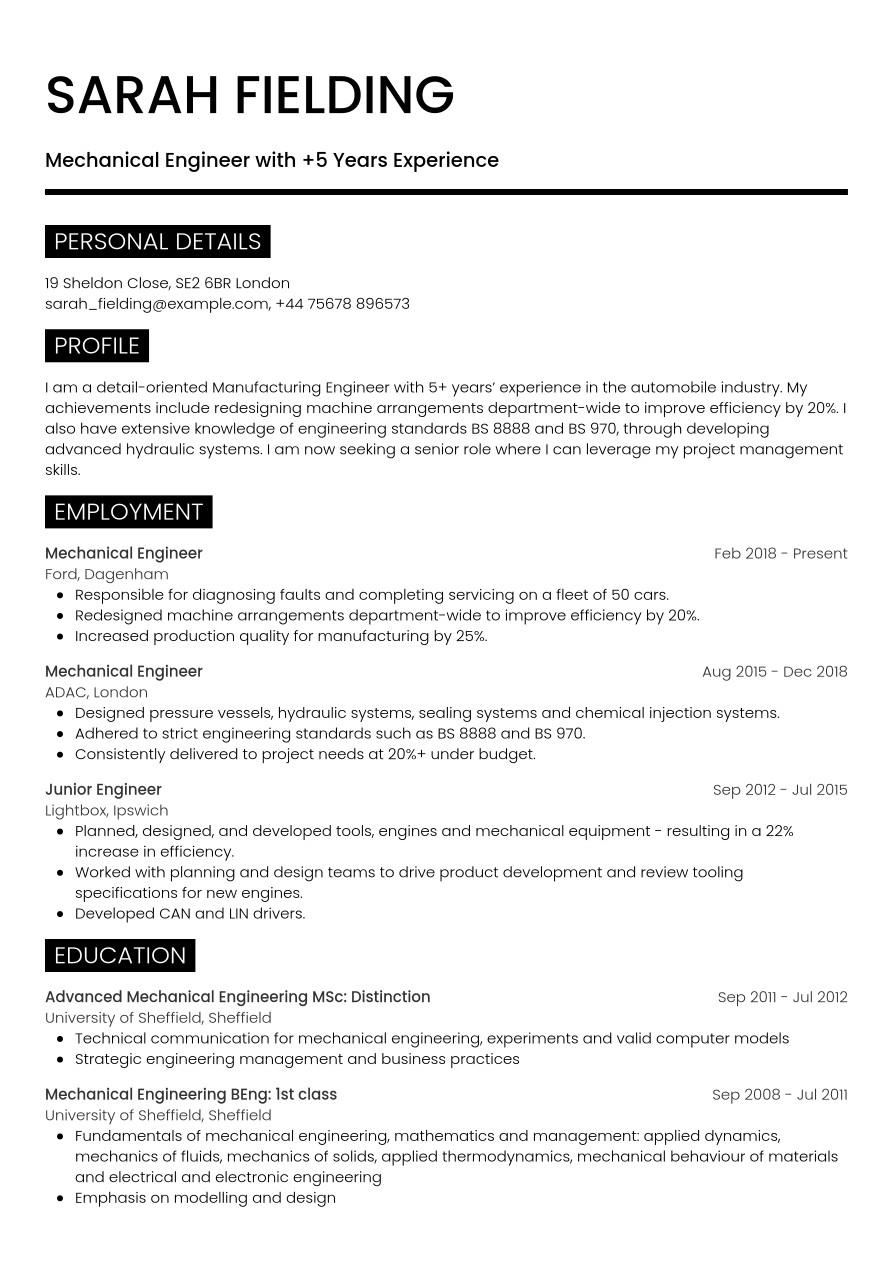 CV Example Engineering | Jobseeker