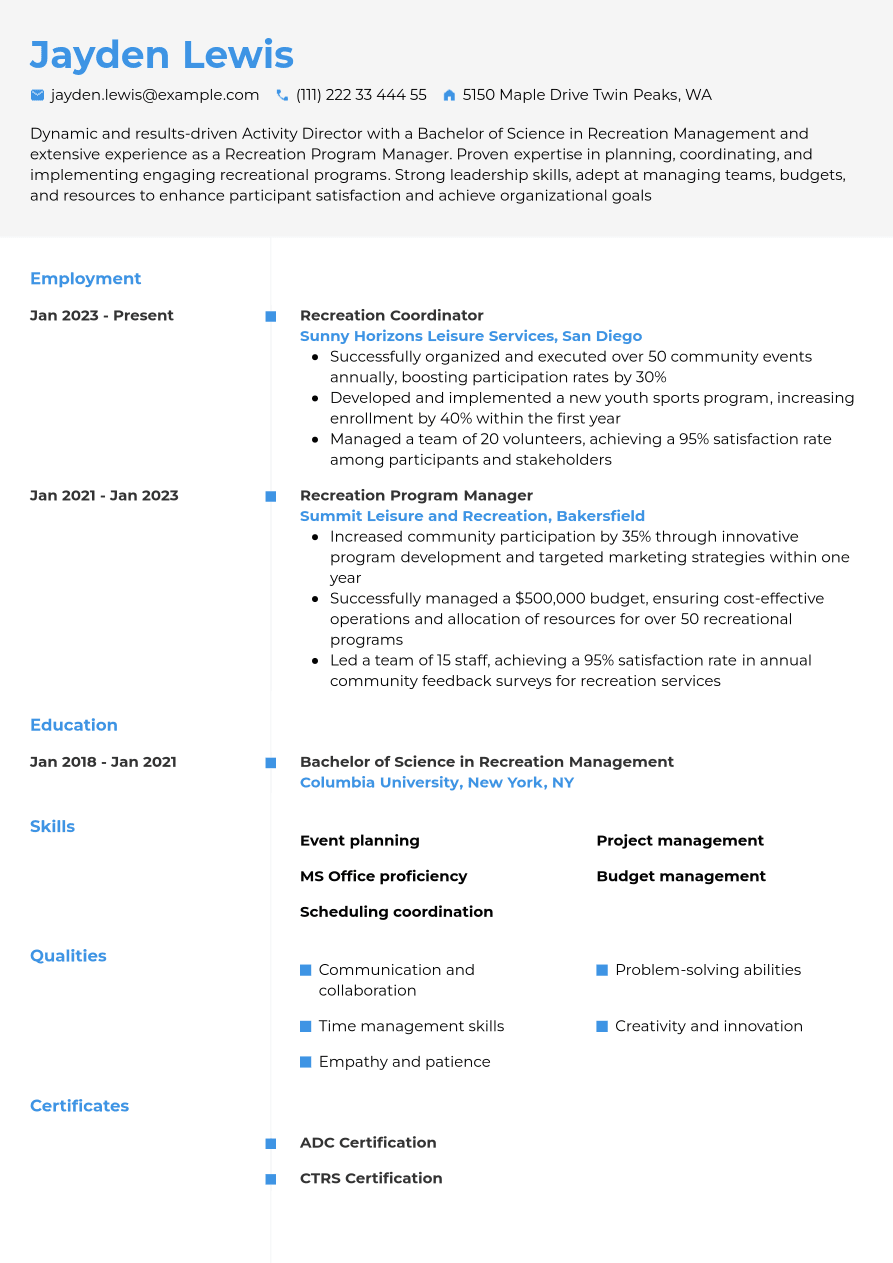 Activity Director Resume Example | Jobseeker