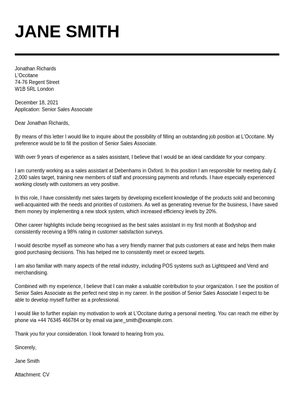 Sales Assistant Cover Letter example | Jobseeker