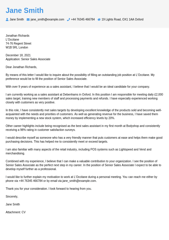 Sales Assistant Cover Letter example | Jobseeker