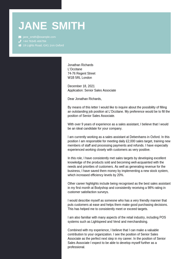 Sales Assistant Cover Letter example | Jobseeker