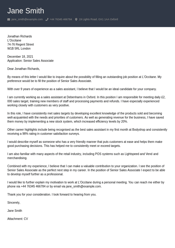 Sales Assistant Cover Letter example | Jobseeker