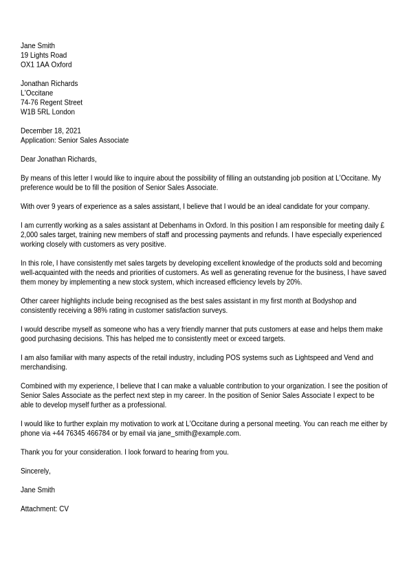 Sales Assistant Cover Letter example | Jobseeker