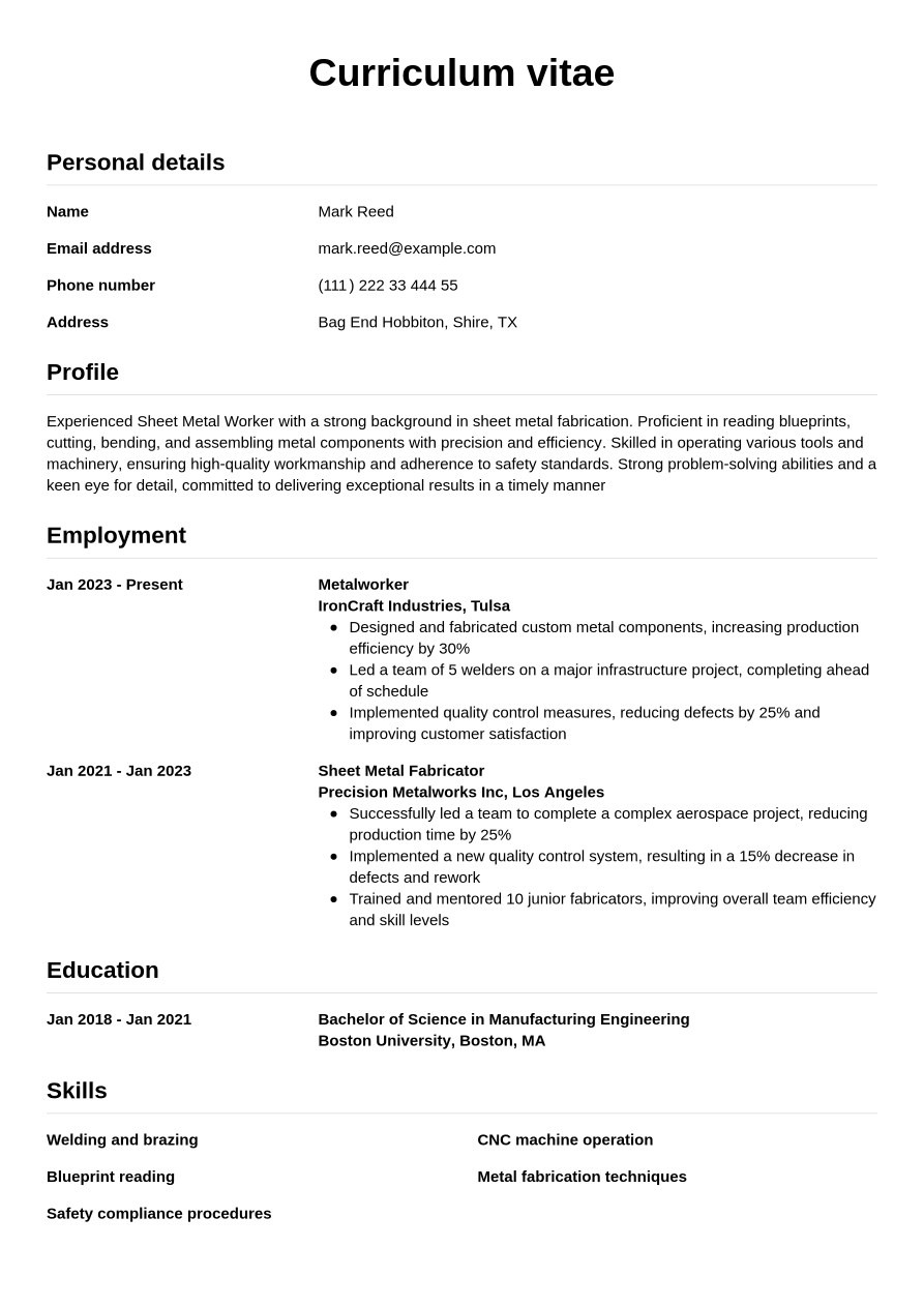 Sheet Metal Worker Resume Writing Guide & Tips | Jobseeker