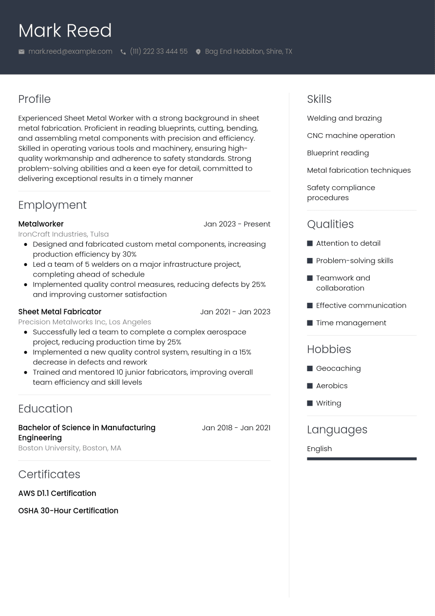 Sheet Metal Worker Resume Writing Guide & Tips | Jobseeker