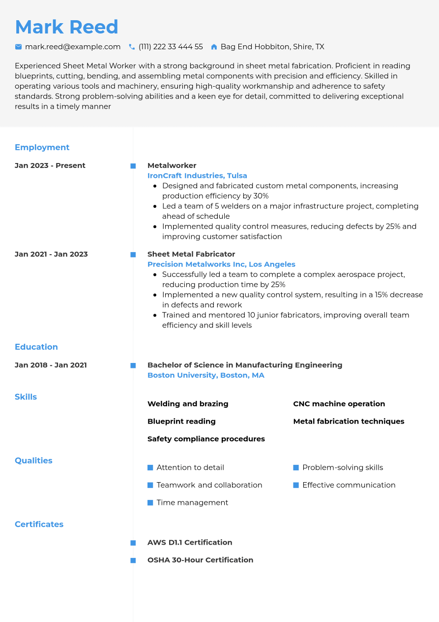 Sheet Metal Worker Resume Writing Guide & Tips | Jobseeker