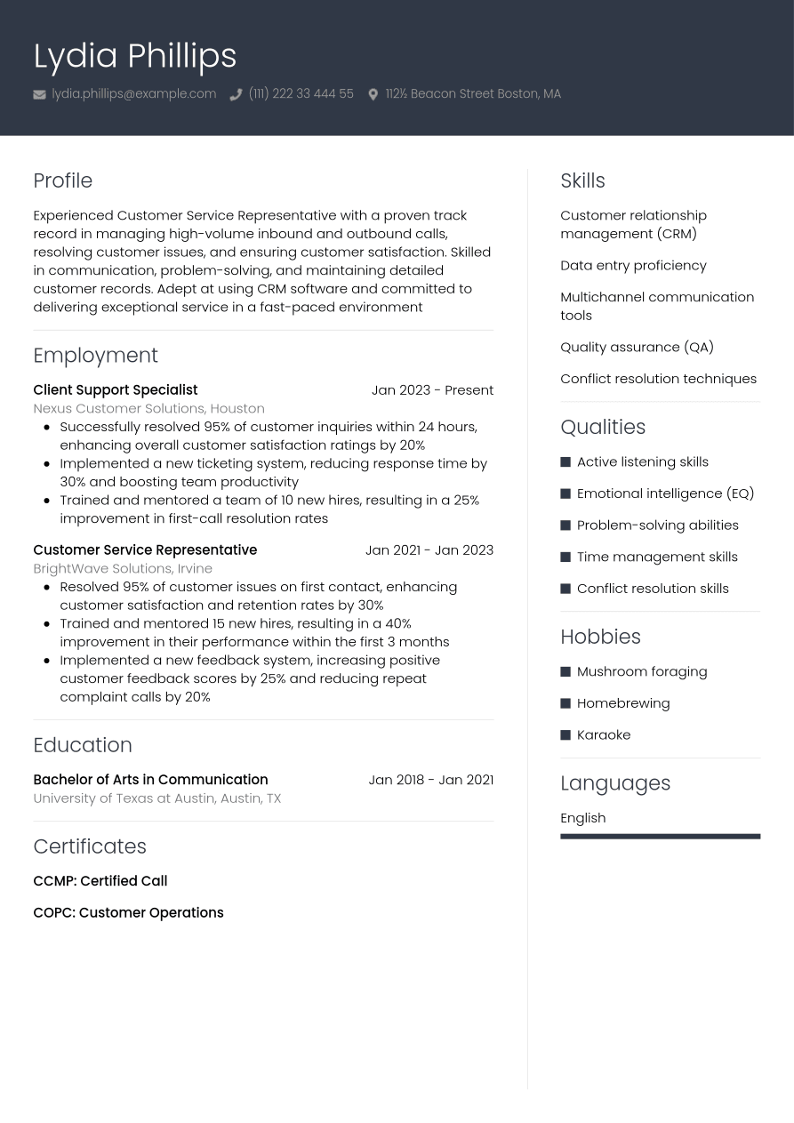 Call Center Resume Example | Jobseeker