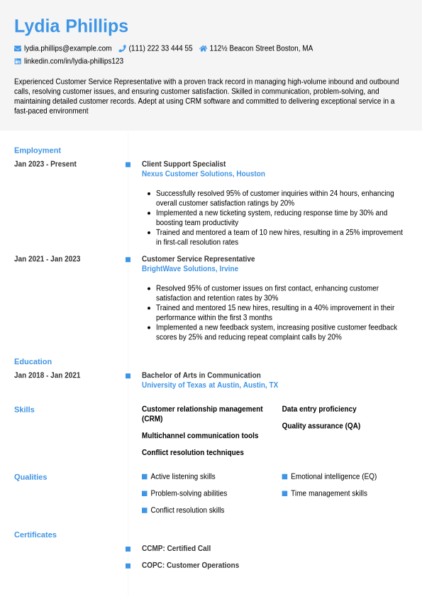 Call Center Resume Example | Jobseeker