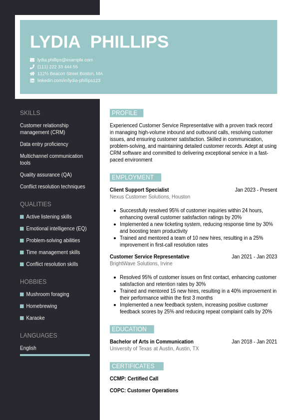 Call Center Resume Example | Jobseeker