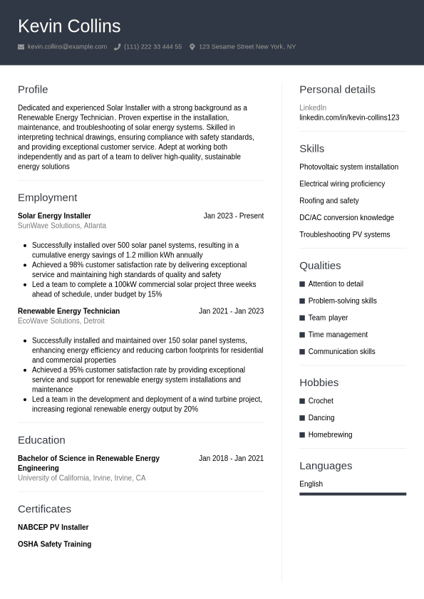 Solar Installer Resume Example | Jobseeker