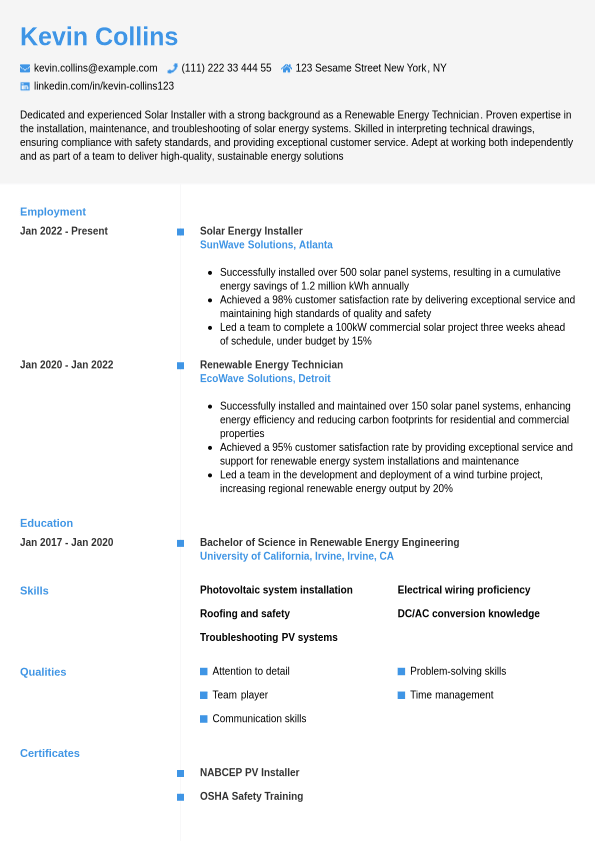 Solar Installer Resume Example | Jobseeker