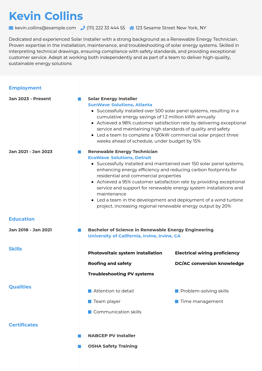 Solar Installer Resume Example | Jobseeker
