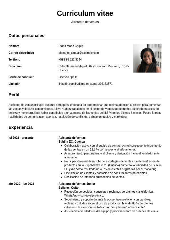 Ejemplo de currículum de asistente de ventas | Jobseeker