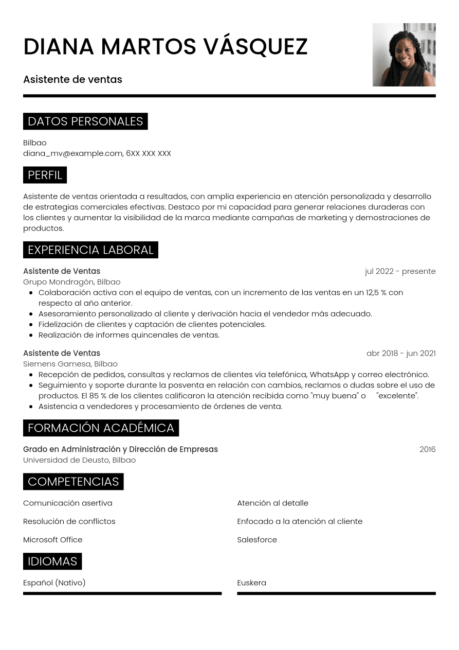 Ejemplo de currículum de asistente de ventas | Jobseeker