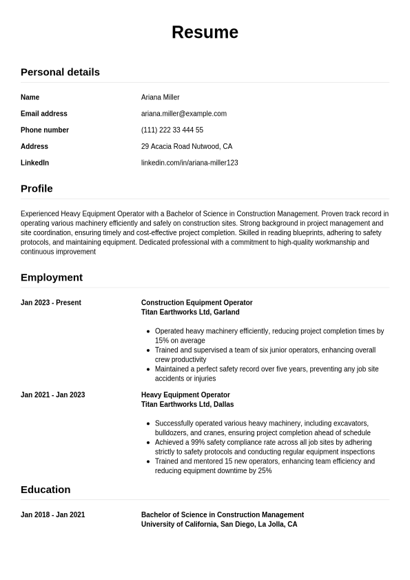 Heavy Equipment Operator Resume Writing Guide & Tips | Jobseeker