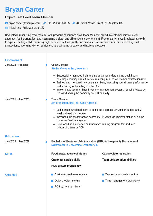 Burger King Resume Example | Jobseeker