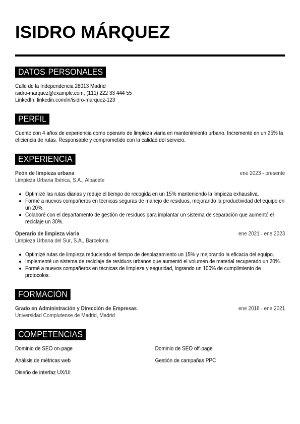 Currículum para URVASEO ejemplo y consejos | Jobseeker