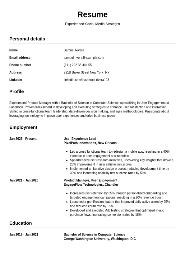 Facebook Resume Example | Jobseeker